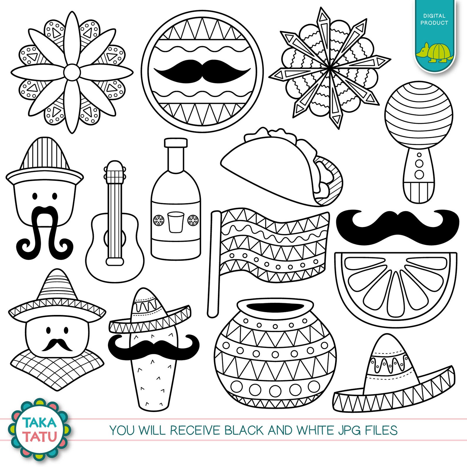Fiesta Doodles Digital Stamp Pack Black and White Clipart / - Etsy