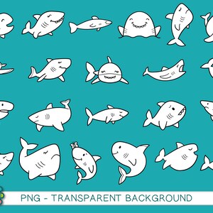 Cute Sharks Digital Stamp Pack - Shark Doodles Black and White ...