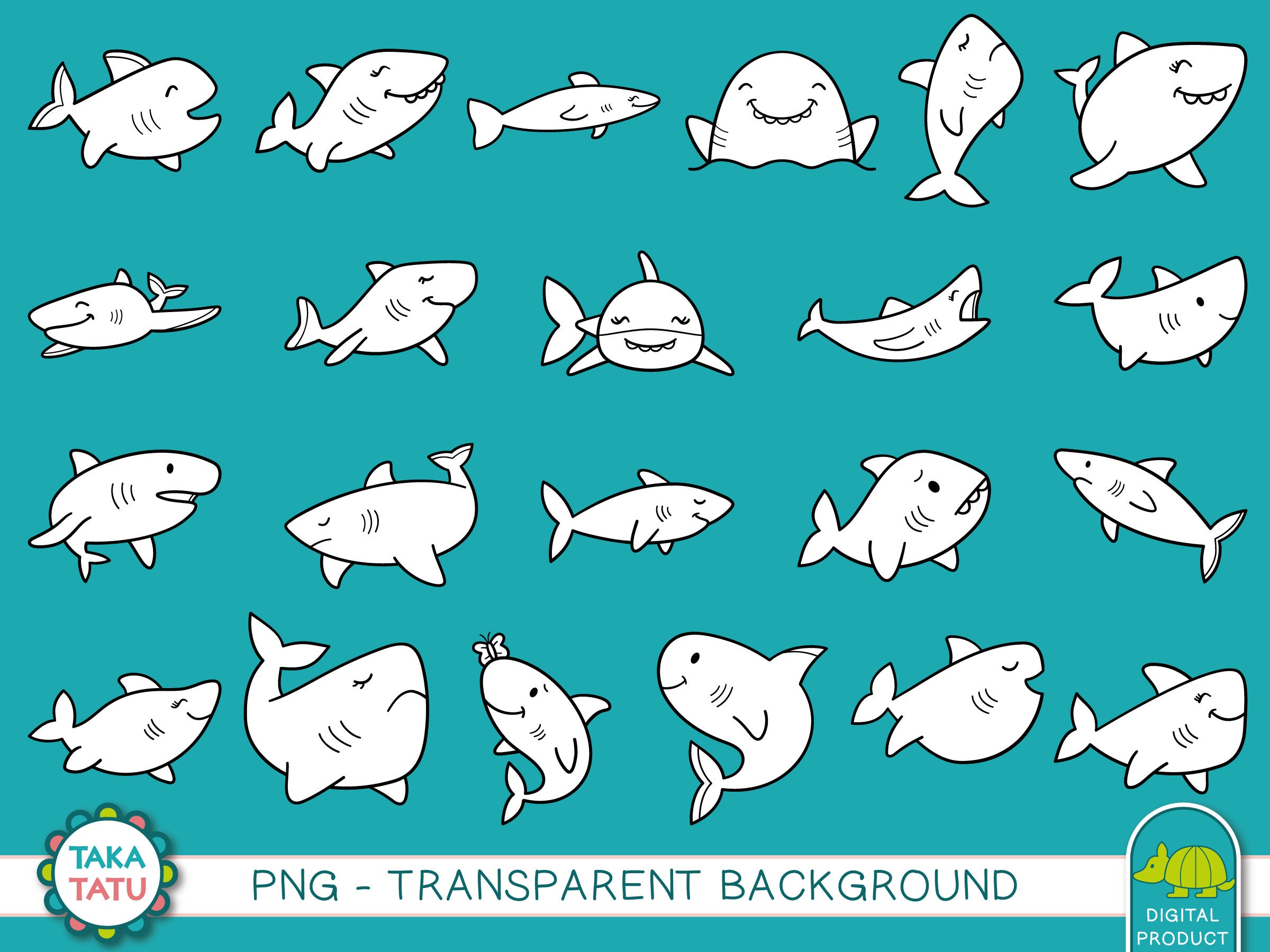 Cute Sharks Digital Stamp Pack Shark Doodles Black and White | Etsy