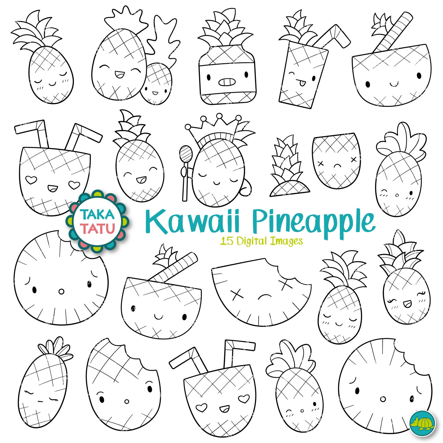 Printable Line Art Pineapples with faces Pineapple Graphics Instant ...