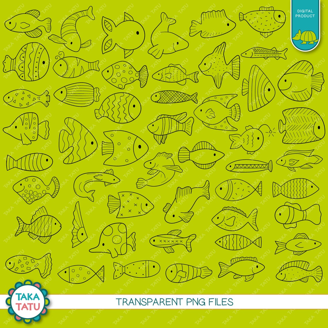 Fish Doodles Digital Stamp Black and White Clipart / Fish | Etsy