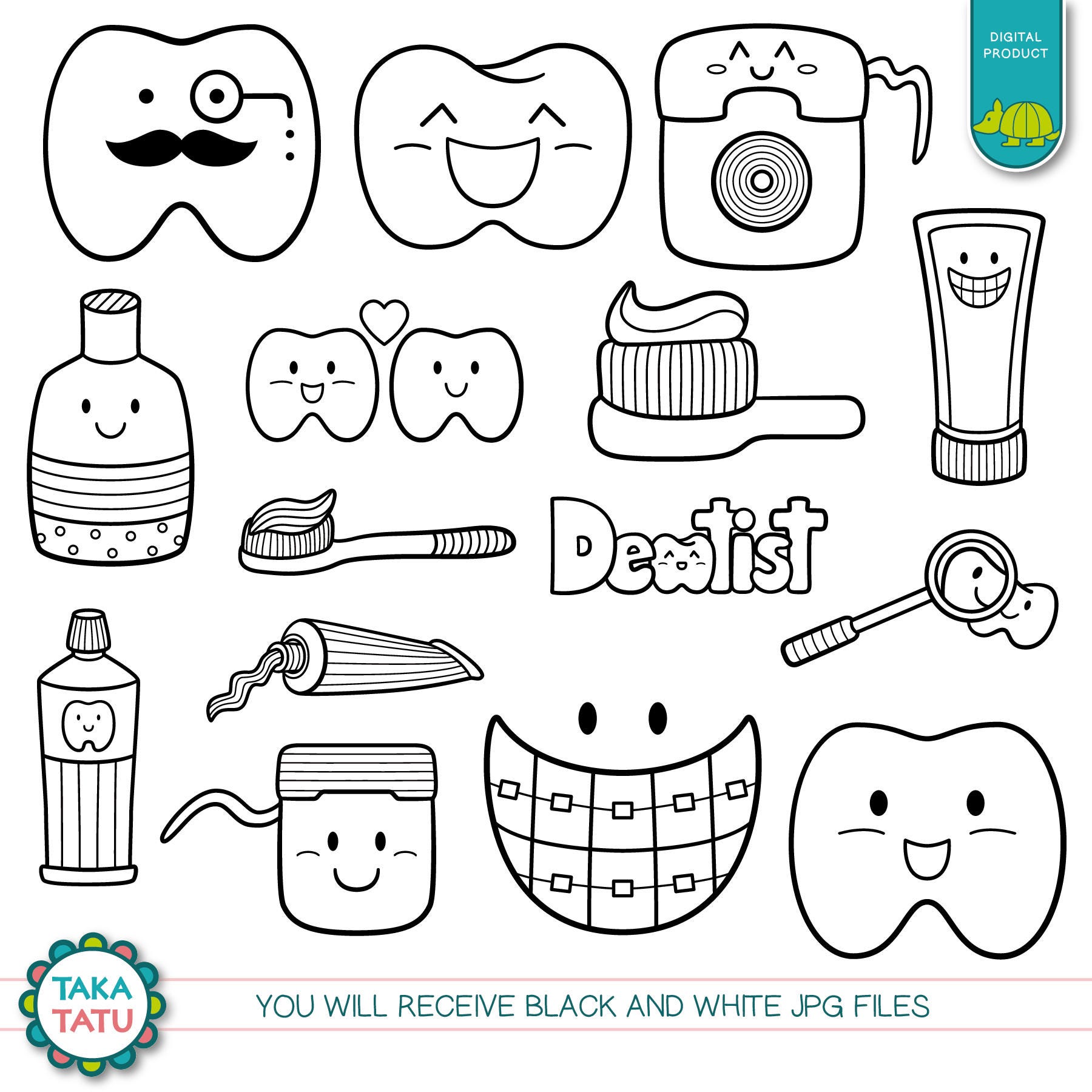 Dentist Digital Stamp Dentist Clip Art / Black and White | Etsy