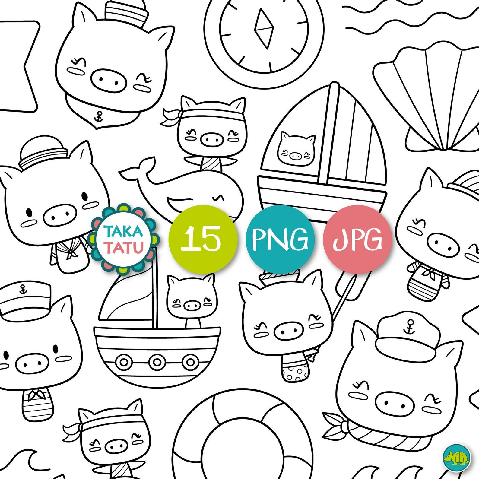 Sailor Pigs Digi Stamp - Cute Pigs Clipart / Black and White Pig ...