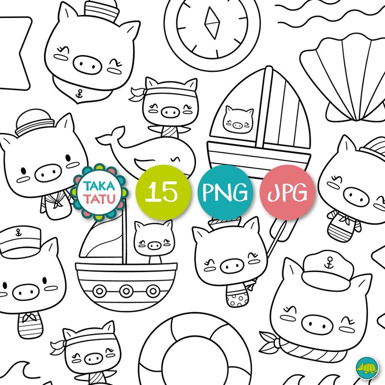 Sailor Pigs Digi Stamp - Cute Pigs Clipart / Black and White Pig ...