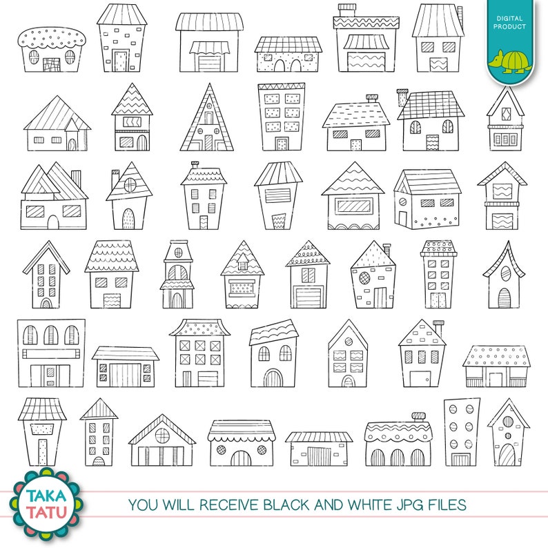 Houses and Shops Clipart Black and White Digital Stamps / | Etsy