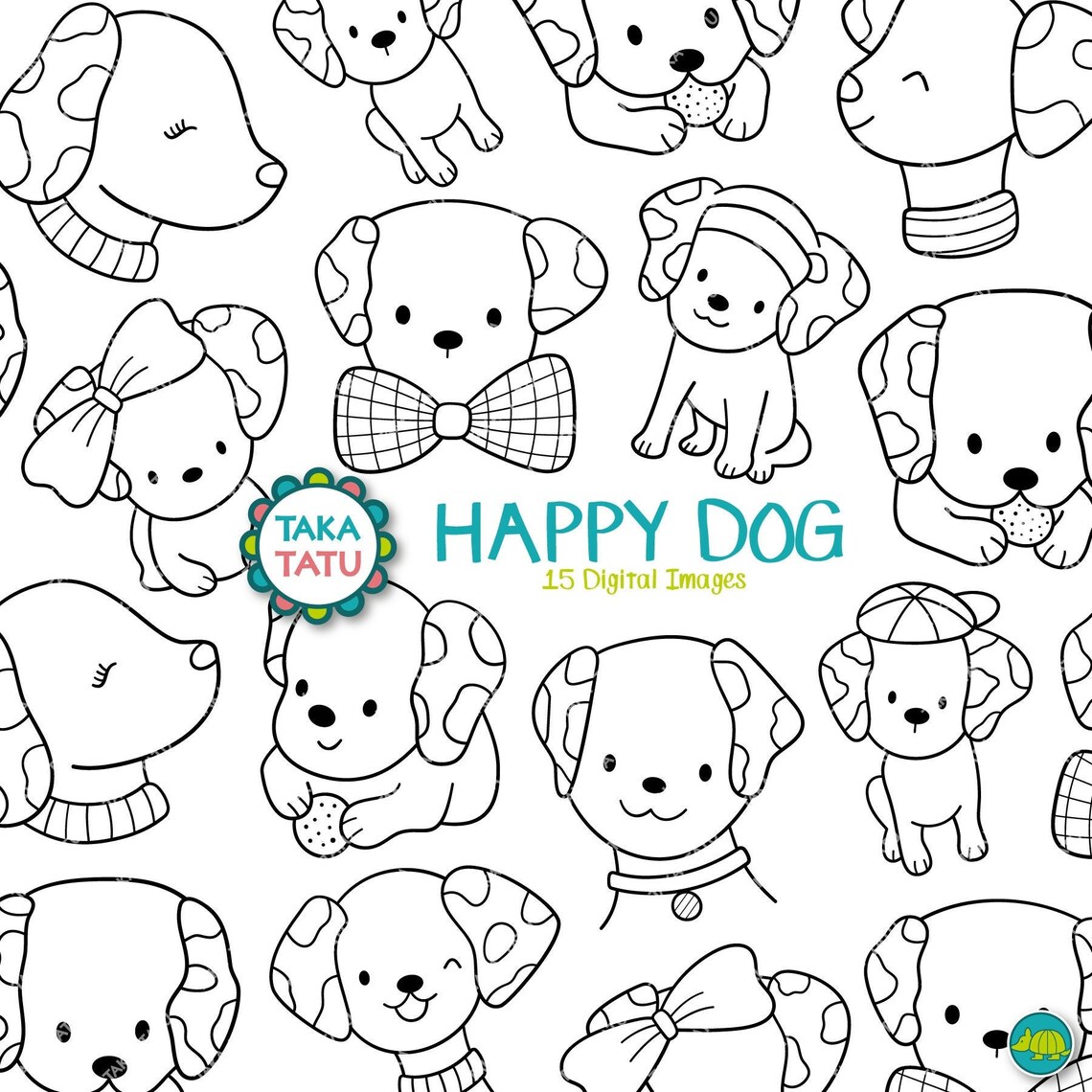 Happy Dogs Black and White Doodle Printable Digital Stamp for Kids and ...