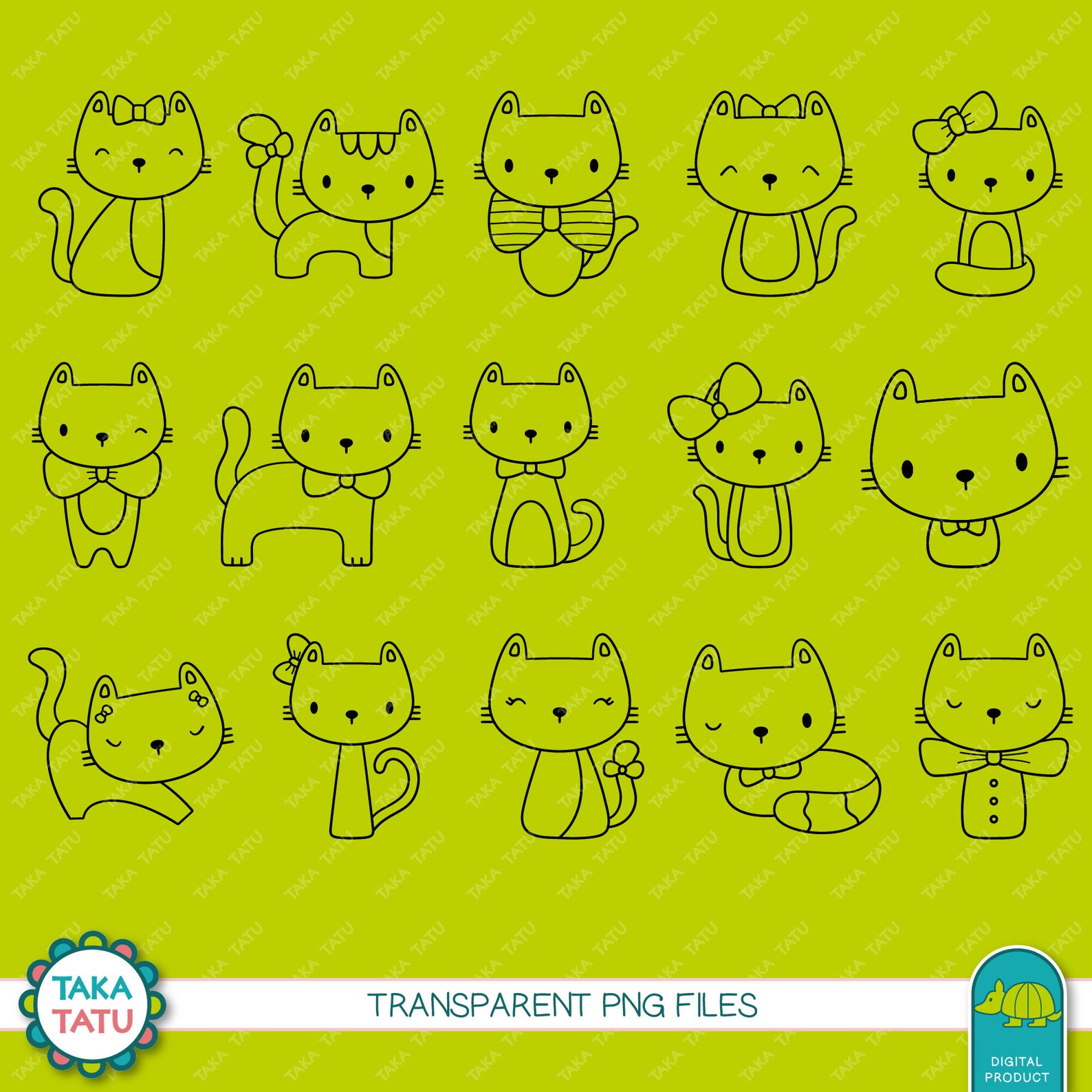 Cats and Bows Digital Stamp Pack Black and White Lines / - Etsy