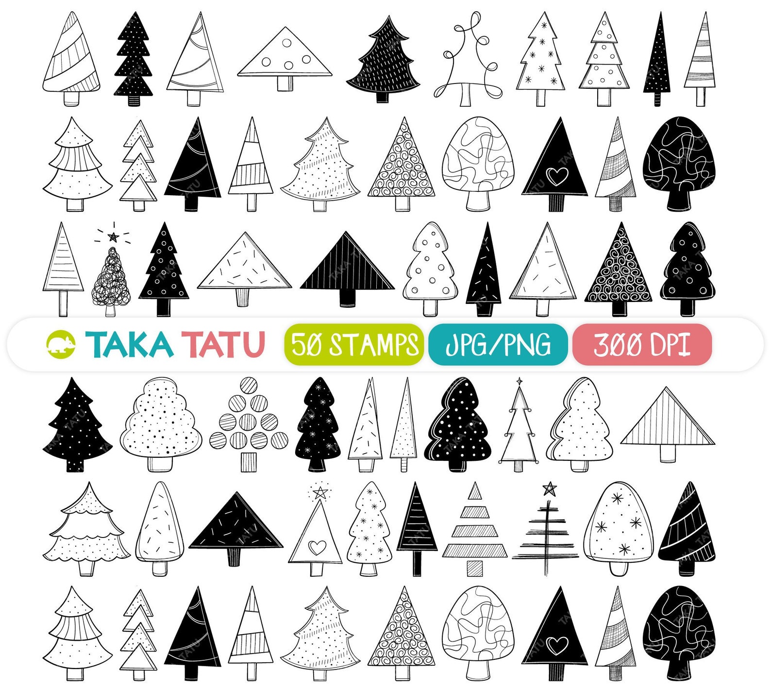 Tree Doodles Clipart Black and White Digital Stamp / Doodle - Etsy