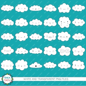 Kawaii Clouds Black and White Clipart - Digital Stamp Download / Kawaii ...