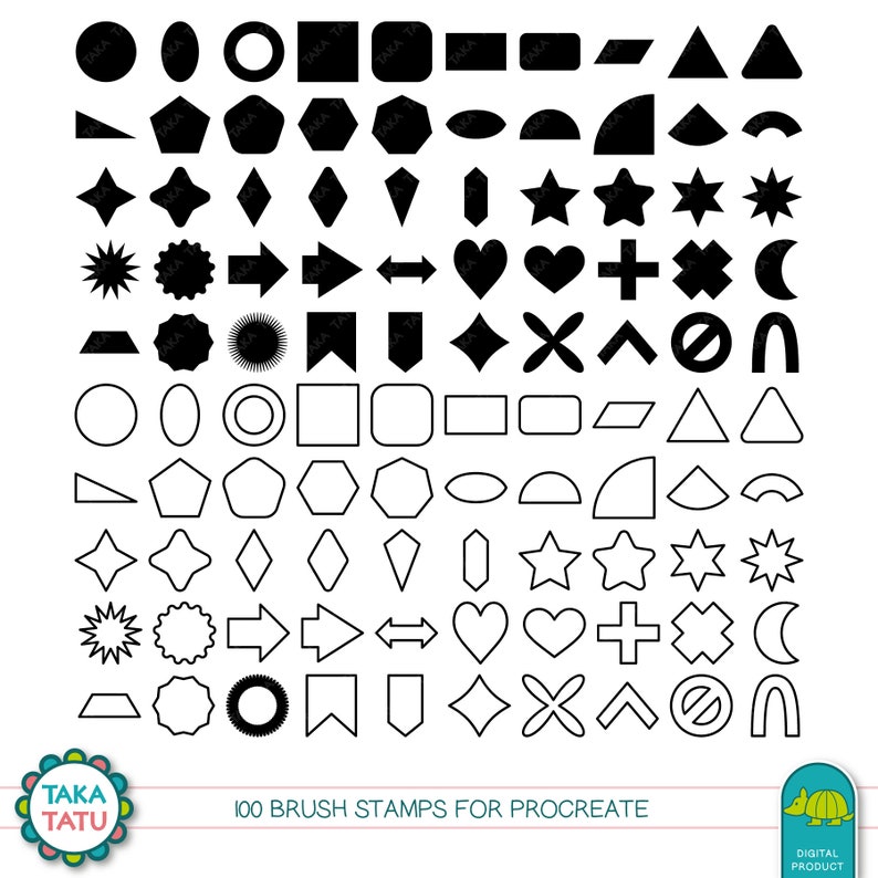 100 Procreate Brushes - Geometric Shapes Stamp Brushes / Simple Shapes ...