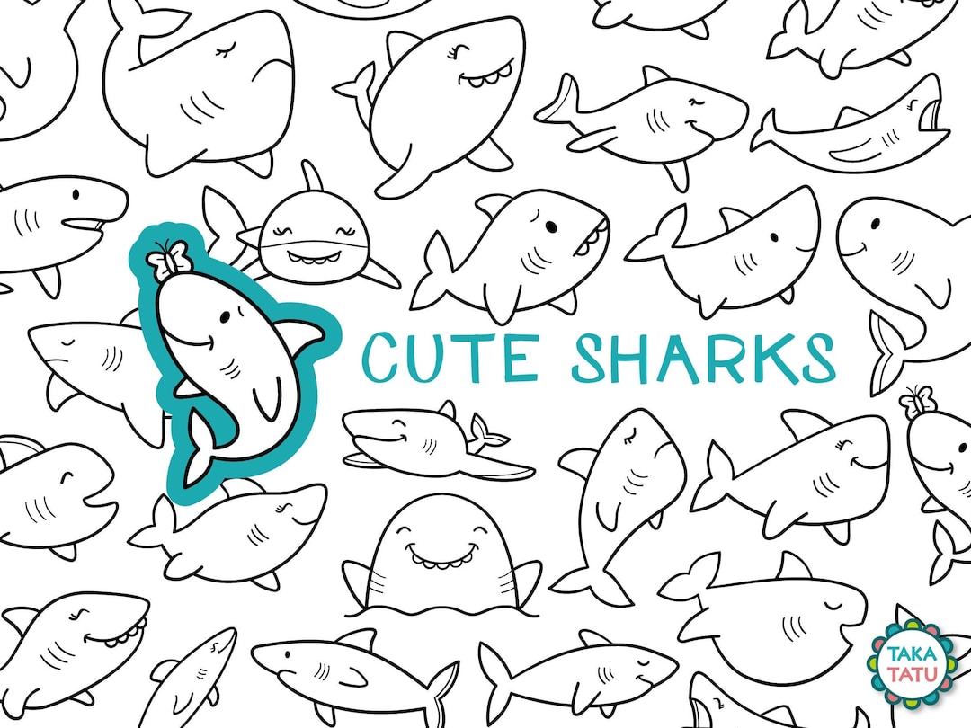 Cute Sharks Digital Stamp Pack - Shark Doodles Black and White ...