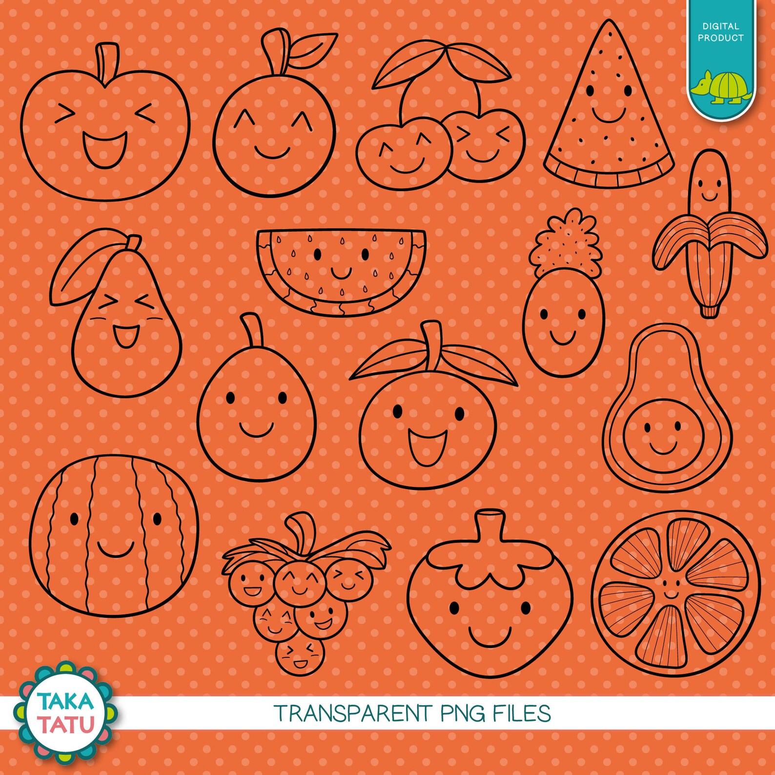 Kawaii Fruits Digital Stamp - Black and White Clipart / Kawaii Fruits ...