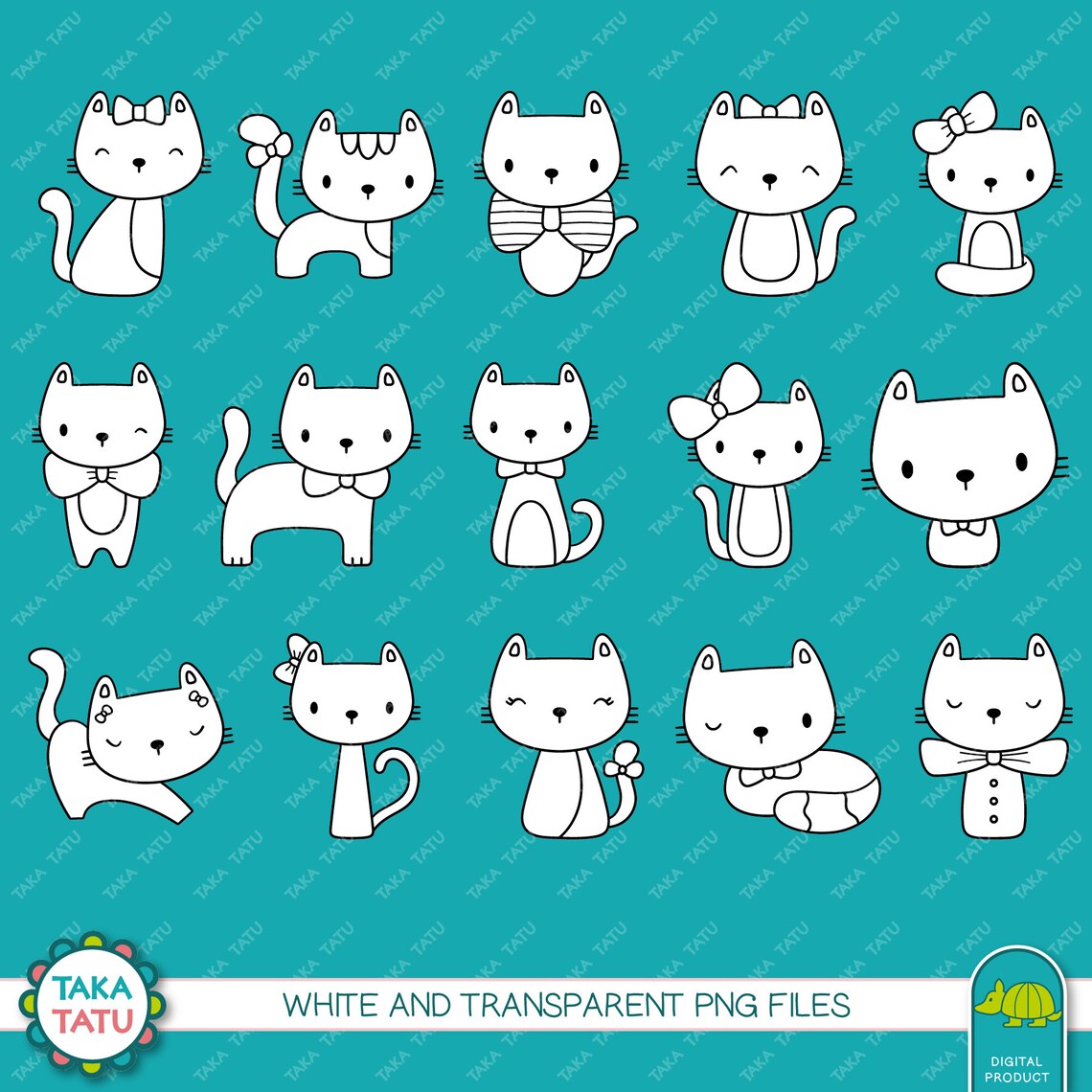 Cats and Bows Digital Stamp Pack Black and White Lines / | Etsy