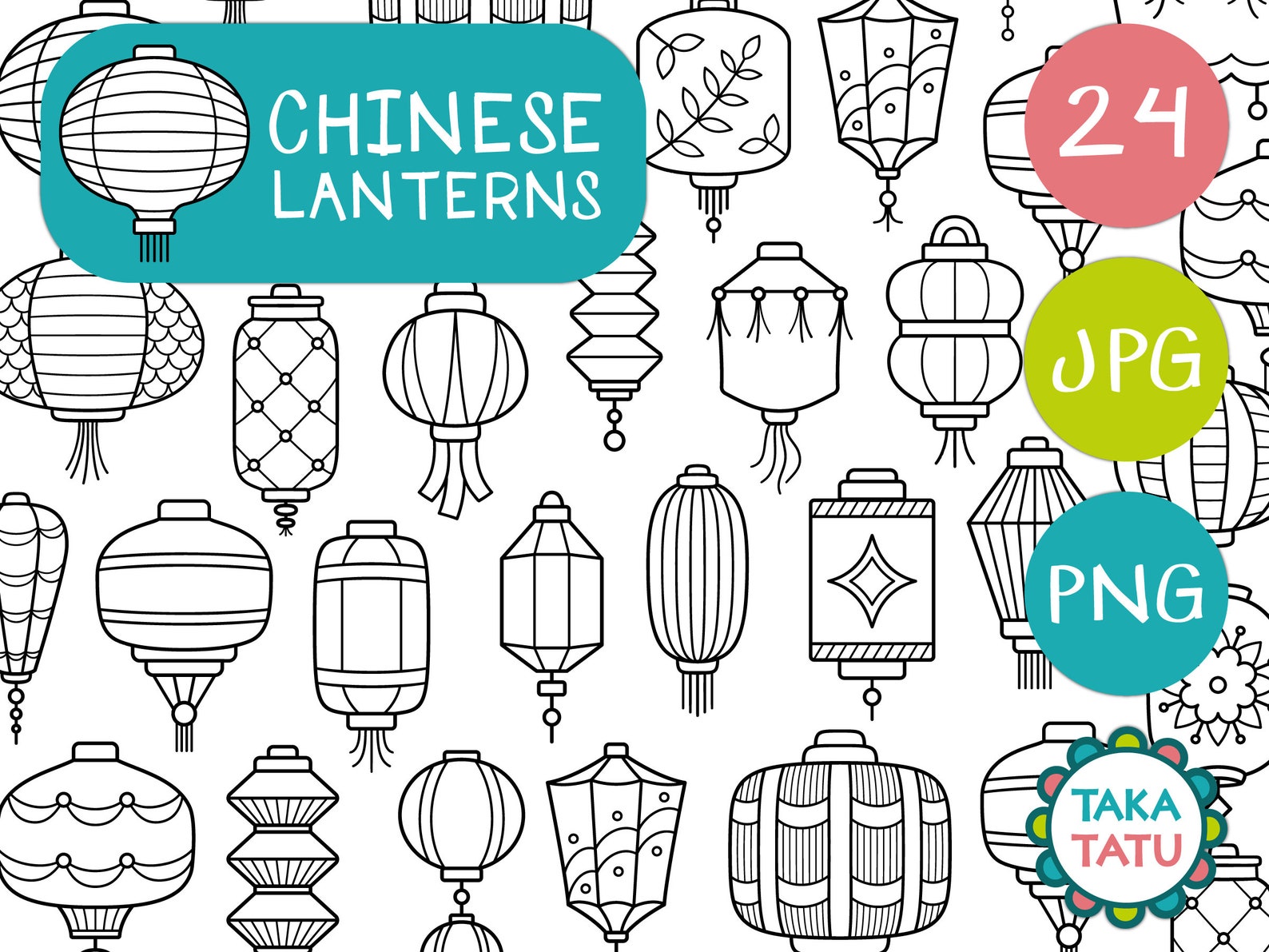 Chinese Lanterns Black and White Digital Stamp Set / Chinese New Year ...