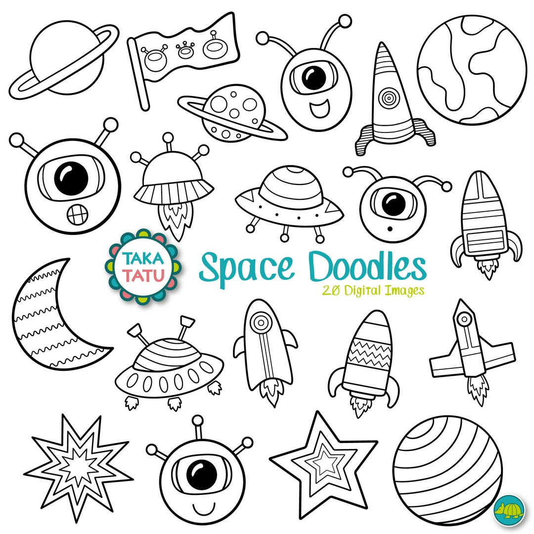Space Doodles Digital Stamp - Black and White Clipart / Kids Clipart ...