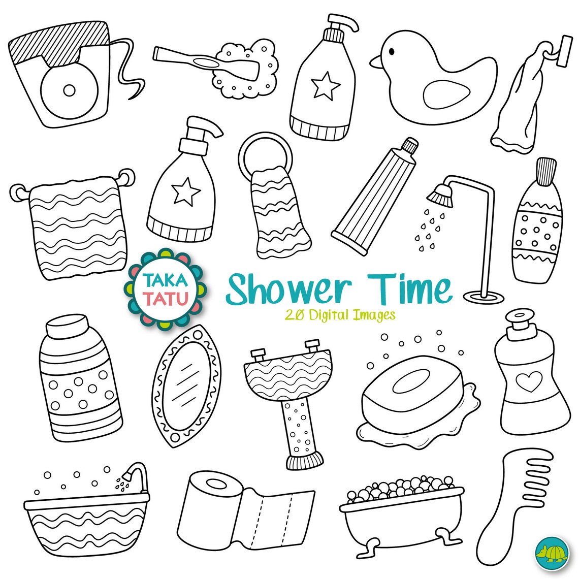 Shower Time Digital Stamp Pack Black and White Clipart / - Etsy