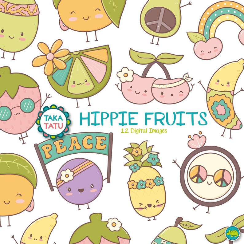 Hippie Fruits Clipart Set Kawaii Hippie Fruits / 70s Clipart - Etsy