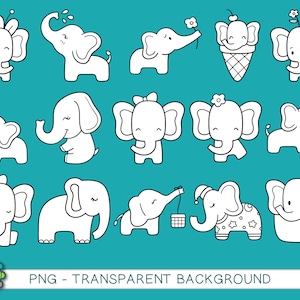 Cute Elephants Hand Drawn Black and White Line Digital Stamp Pack ...