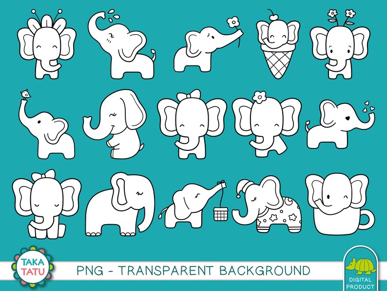 Cute Elephants Hand Drawn Black and White Line Digital Stamp - Etsy