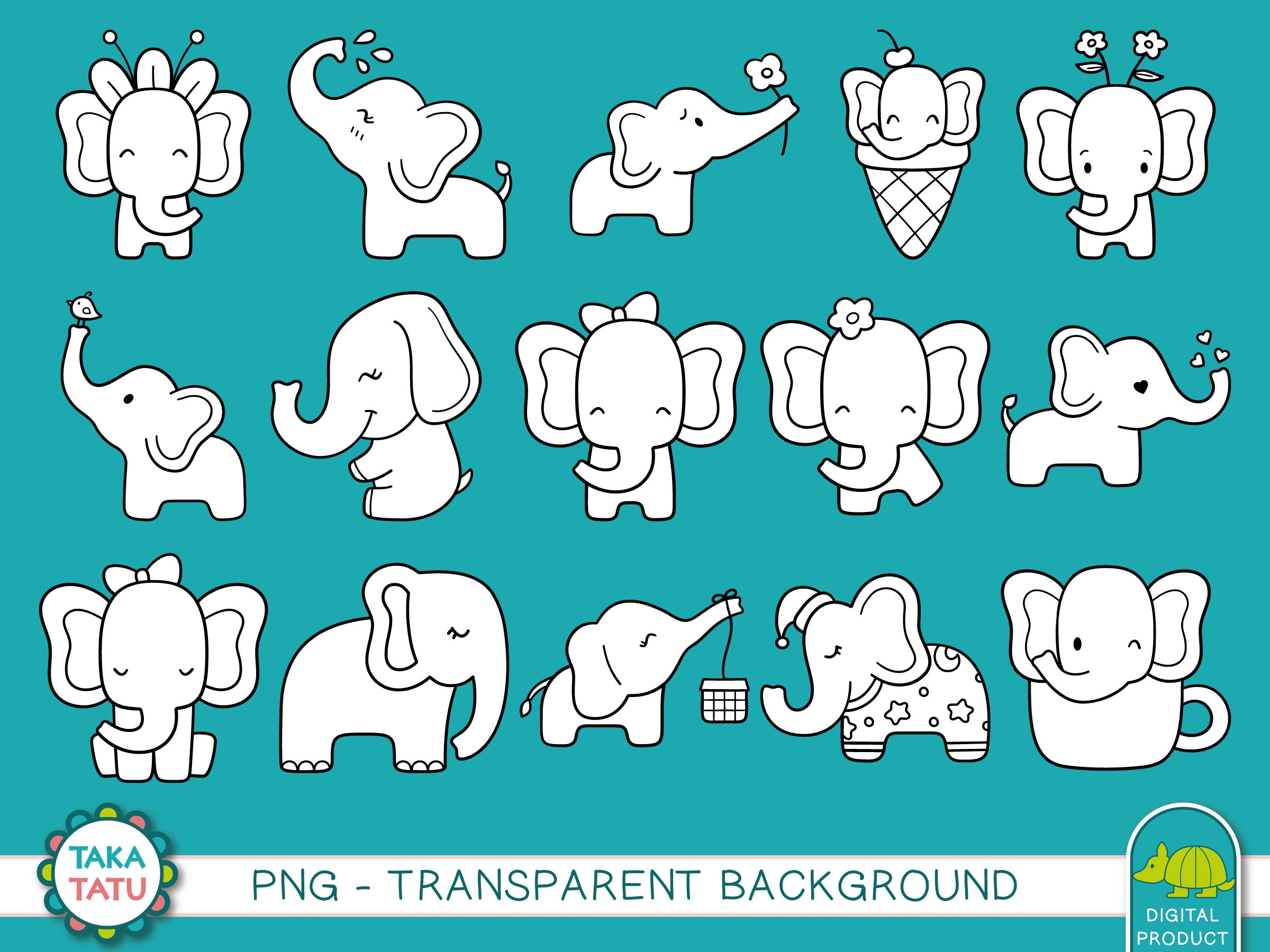 Cute Elephants Hand Drawn Black and White Line Digital Stamp - Etsy