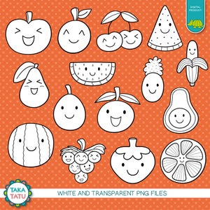 Kawaii Fruits Digital Stamp - Black and White Clipart / Kawaii Fruits ...