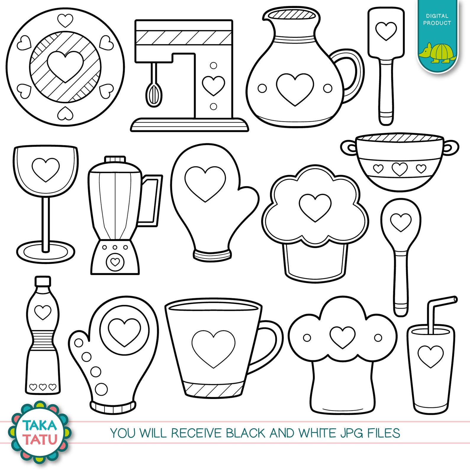 Kitchen Digital Stamp Pack - Black and White Clipart / Kitchen Clipart ...