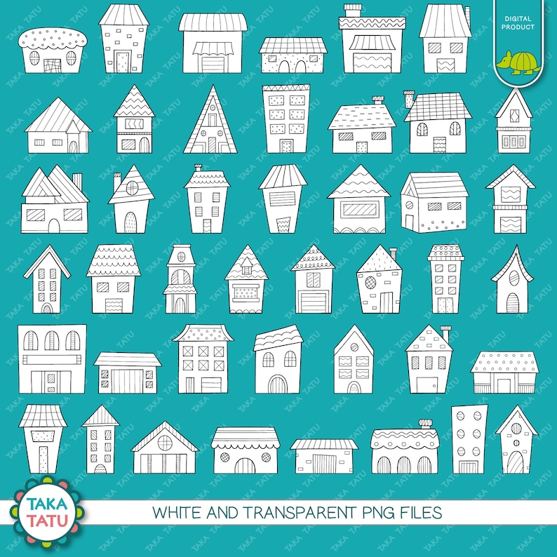 Houses and Shops Clipart Black and White Digital Stamps / | Etsy