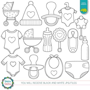 Baby Shower Digital Stamp Pack - Black and White Clipart / Baby Clipart ...