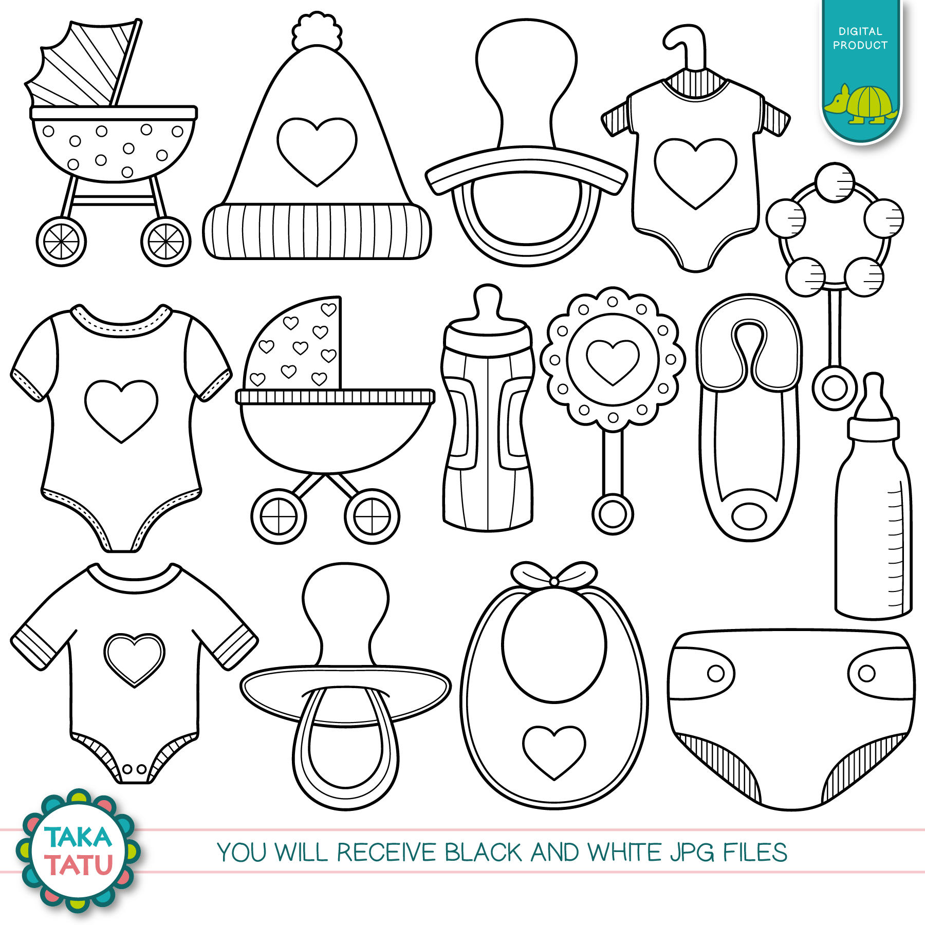 Baby Shower Digital Stamp Pack Black and White Clipart / | Etsy