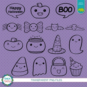 Kawaii Halloween Digital Stamp Pack - Black and White Clipart / Cute ...