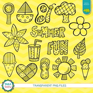 Summer Doodles Digital Stamp Pack - Black and White Clipart / Hand ...