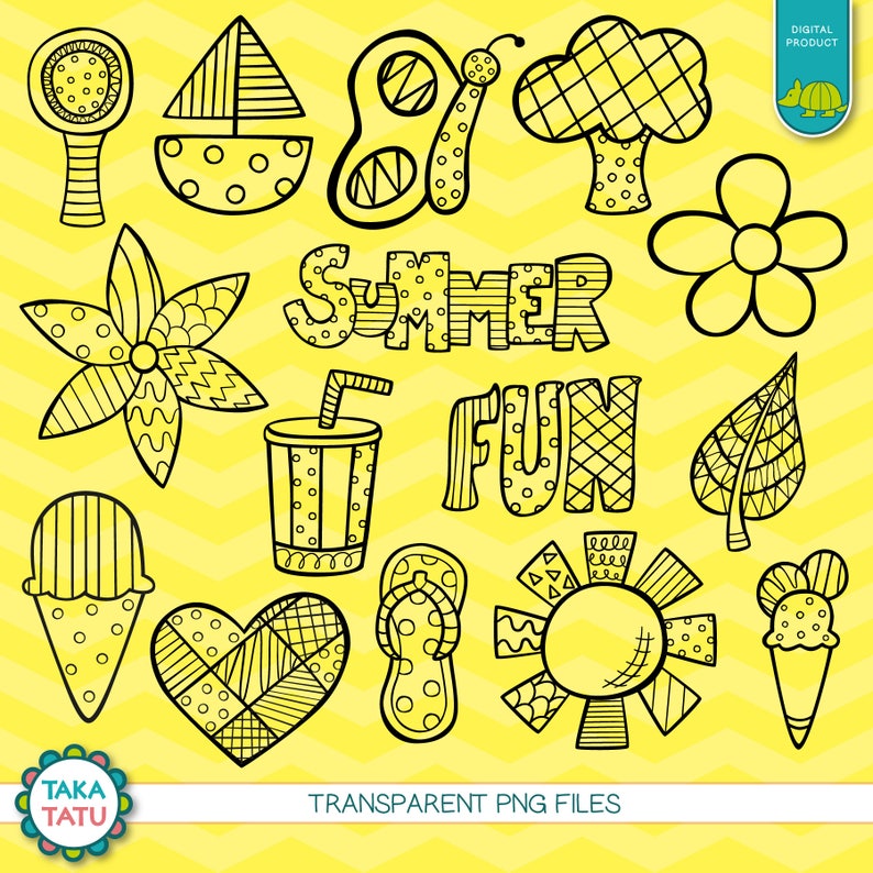 Summer Doodles Digital Stamp Pack - Black and White Clipart / Hand ...