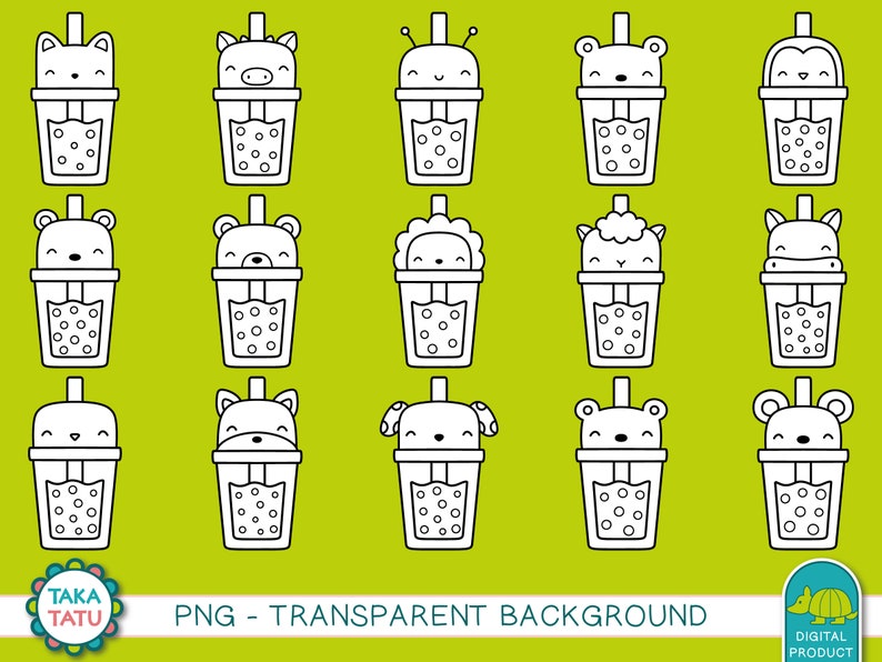 Bubble Tea Animals Digital Stamp - Hand Drawn Cute Boba Tea Clipart ...