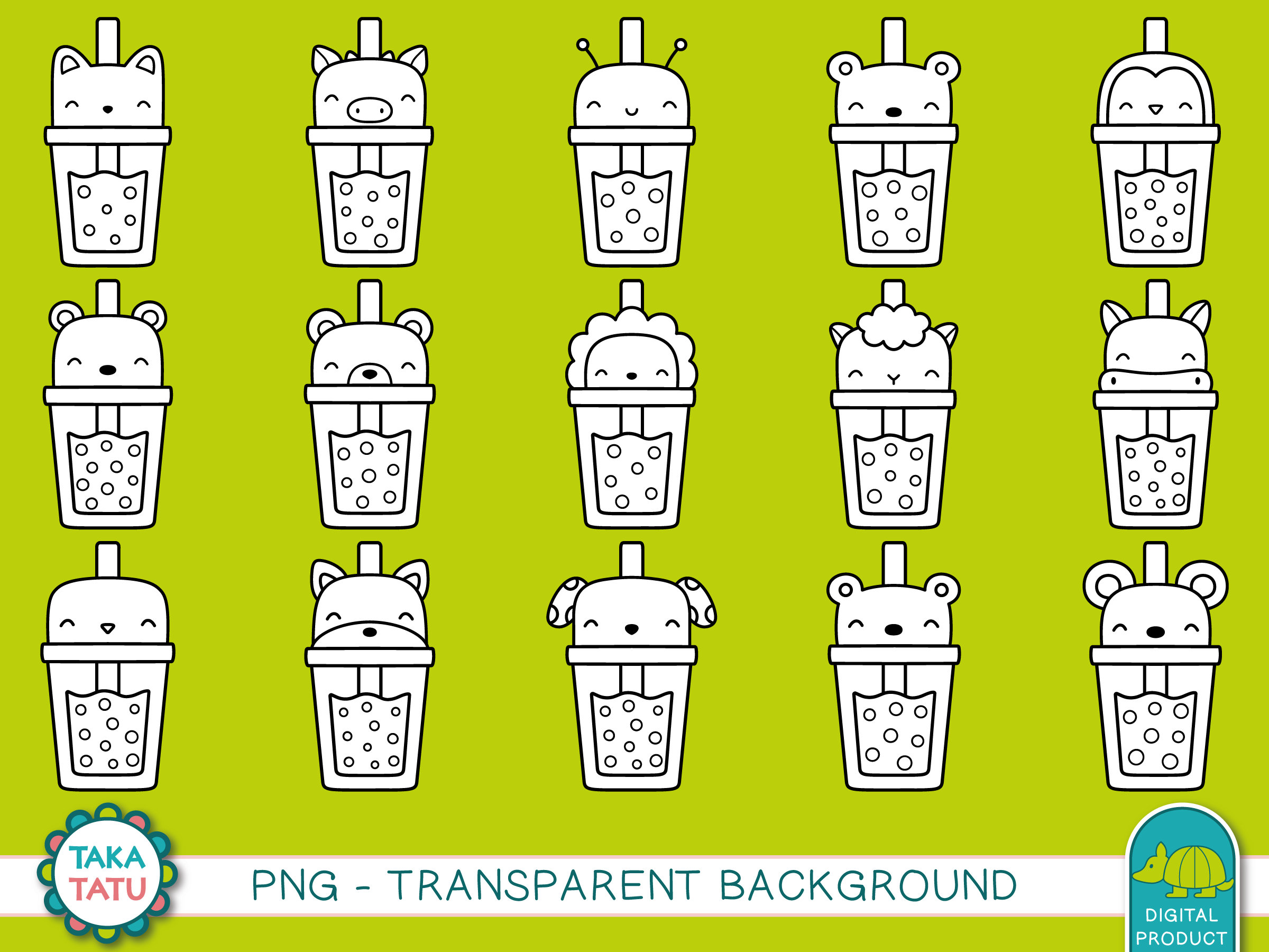 Bubble Tea Animals Digital Stamp - Hand Drawn Cute Boba Tea Clipart ...