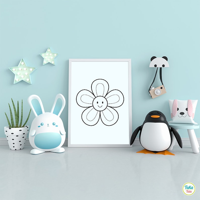 Kawaii Flowers Digital Stamp Black and White Clipart / - Etsy