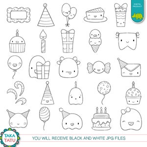 Kawaii Birthday Clipart - Birthday Digi Stamps / Cute Line Art / Cute ...