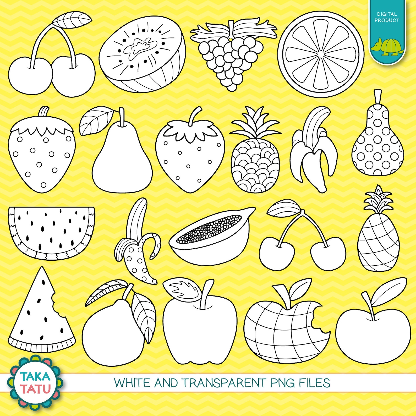 Fruits Digital Stamp Pack - Black and White Clipart / Fruits Clipart ...