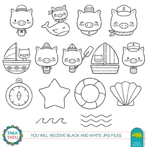 Sailor Pigs Digi Stamp - Cute Pigs Clipart / Black and White Pig ...
