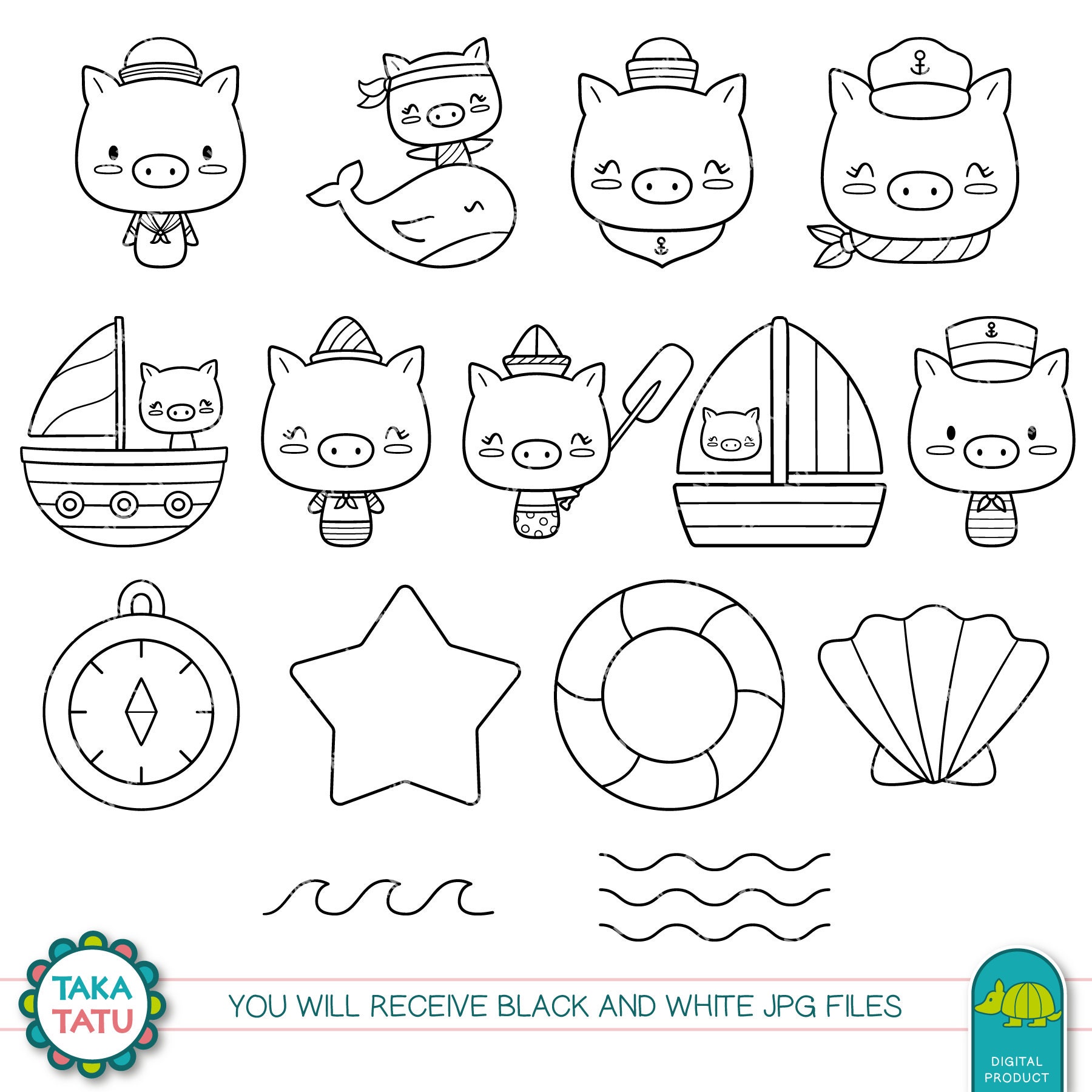 Sailor Pigs Digi Stamp - Cute Pigs Clipart / Black and White Pig ...