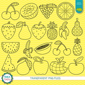 Fruits Digital Stamp Pack - Black and White Clipart / Fruits Clipart ...