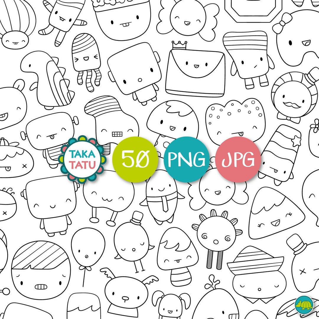 Cute Creatures Digital Stamp Pack - Kawaii Doodles Line Printable ...