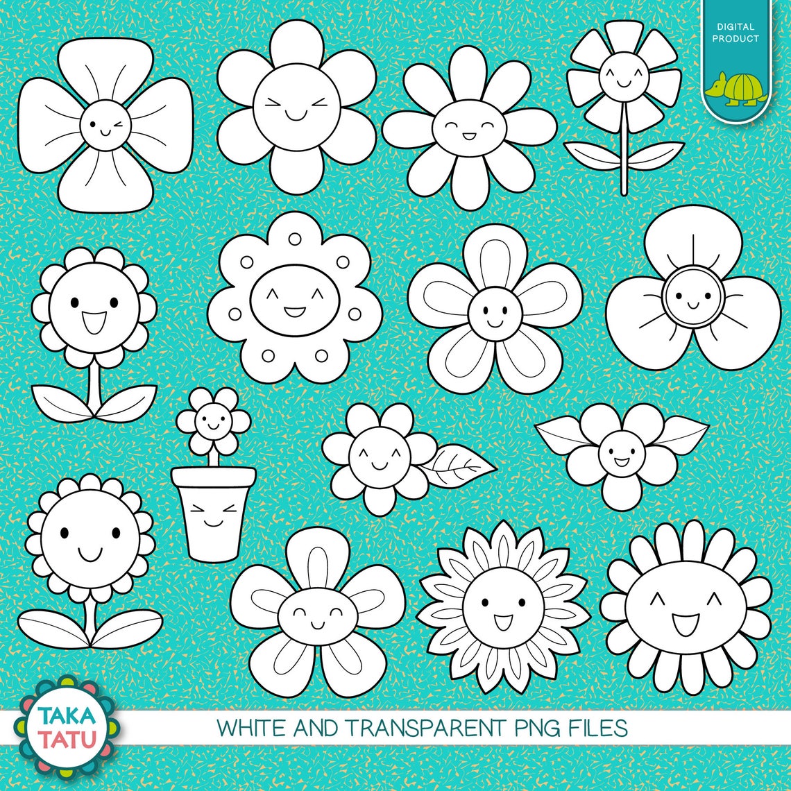 Kawaii Flowers Digital Stamp Black and White Clipart / - Etsy