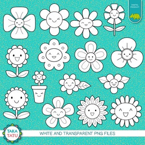 Kawaii Flowers Digital Stamp - Black and White Clipart / Kawaii Spring ...