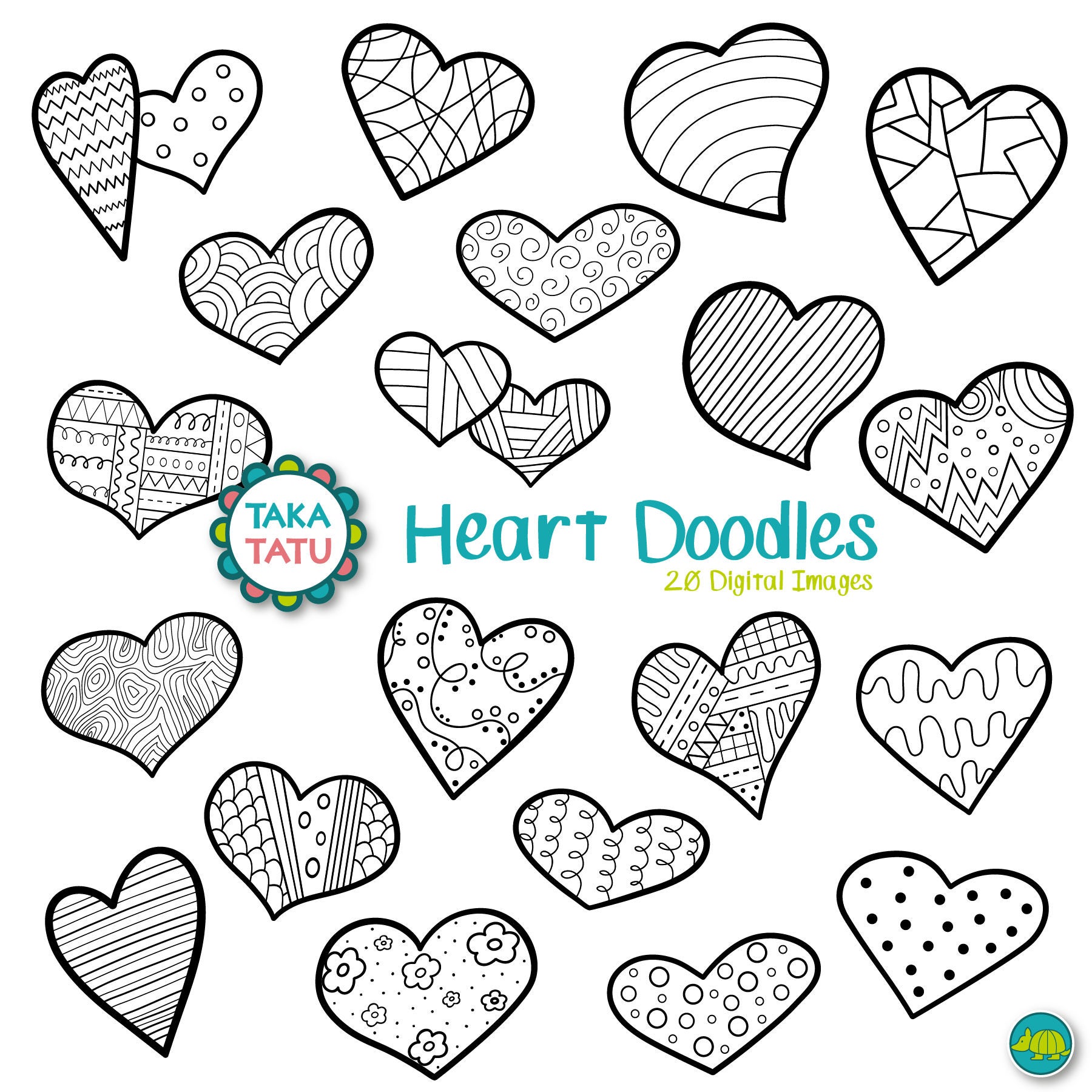 Heart Doodles Digital Stamp Black and White Clipart / Doodle - Etsy