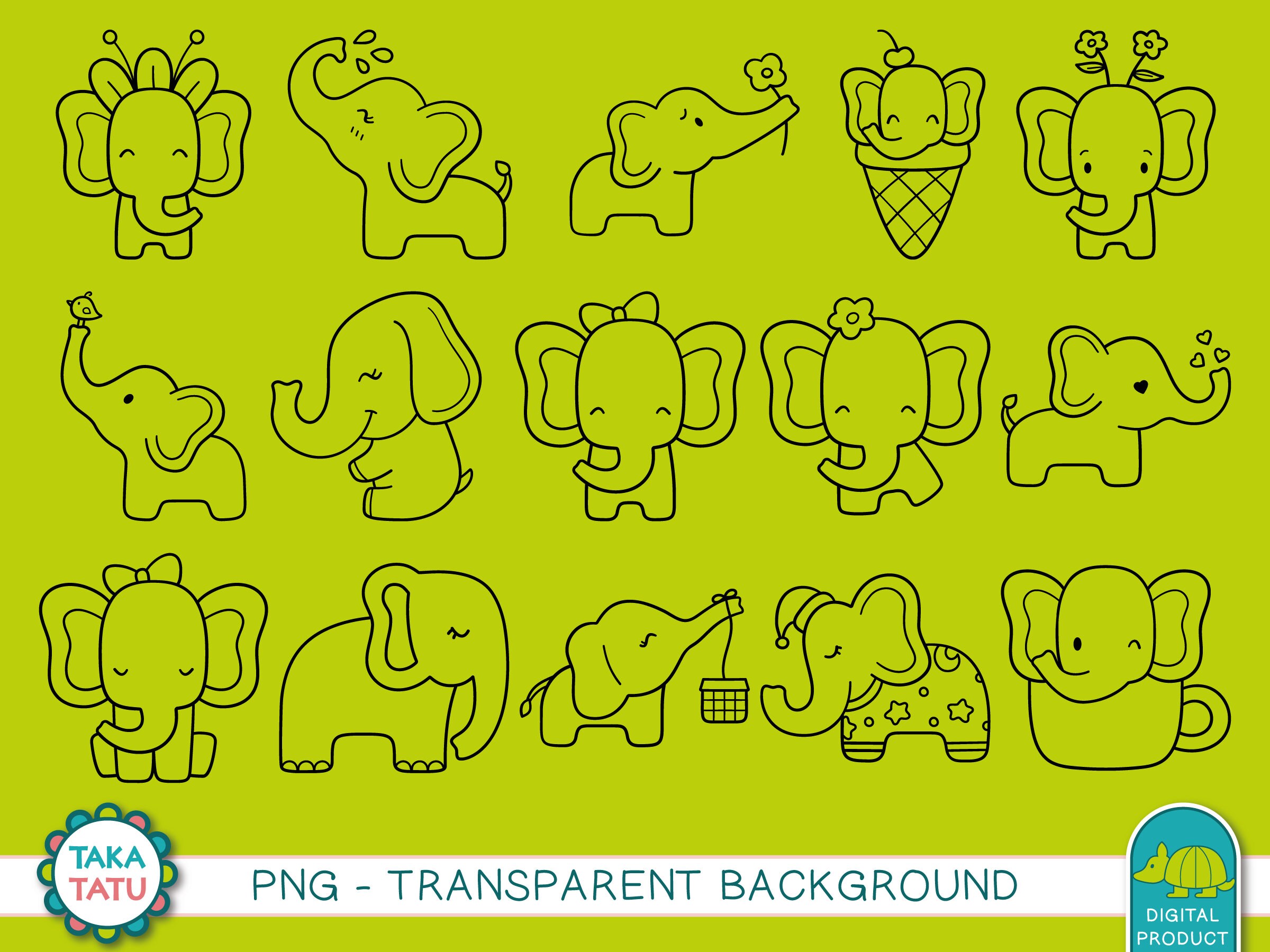 Cute Elephants Hand Drawn Black and White Line Digital Stamp - Etsy