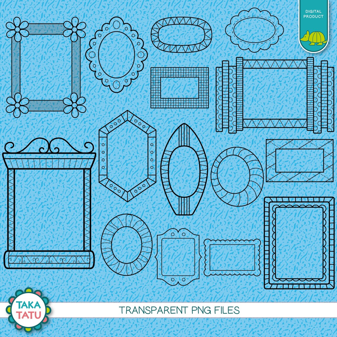 Doodle Frames Digital Stamp Pack - Black and White Clipart / Black and ...