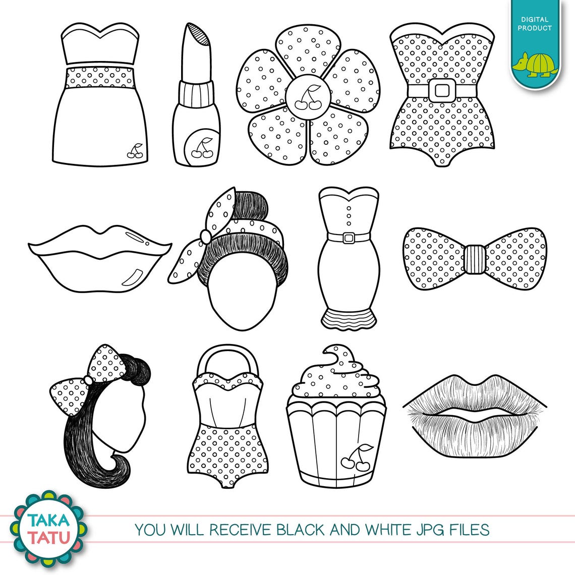 Vintage Cherry Digital Stamp Pack Black and White Clip Art / - Etsy