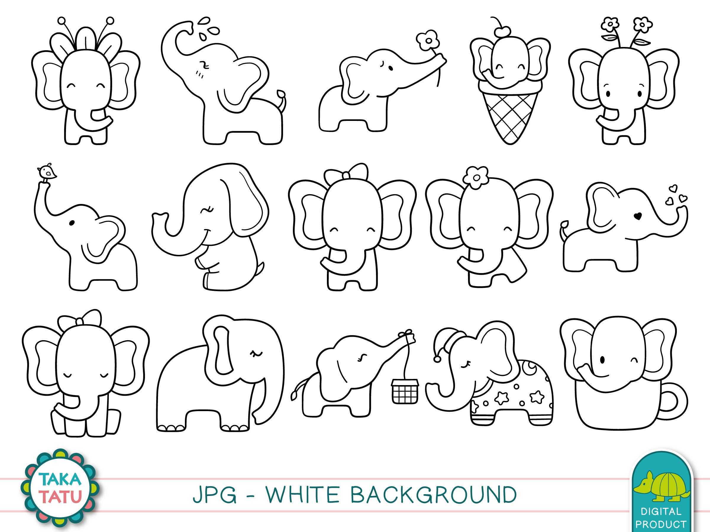 Cute Elephants Hand Drawn Black and White Line Digital Stamp - Etsy