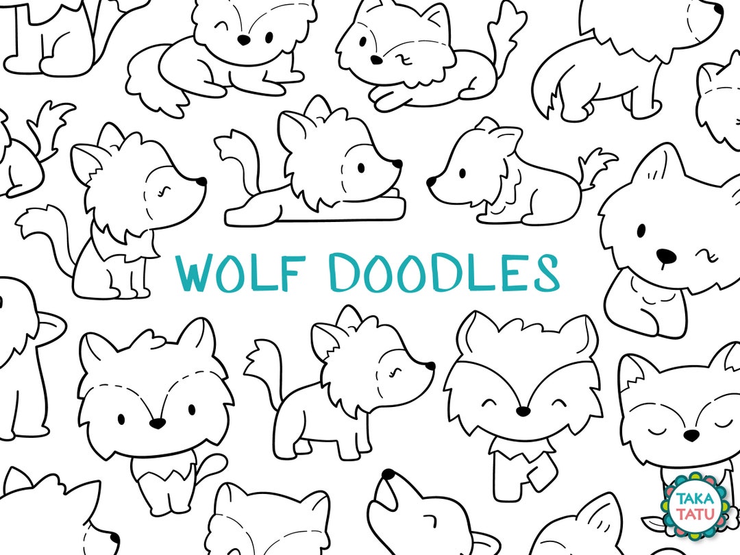Wolf Doodles Digital Stamp - Wolf Clipart / Cute Wolf Hand Drawn Black ...