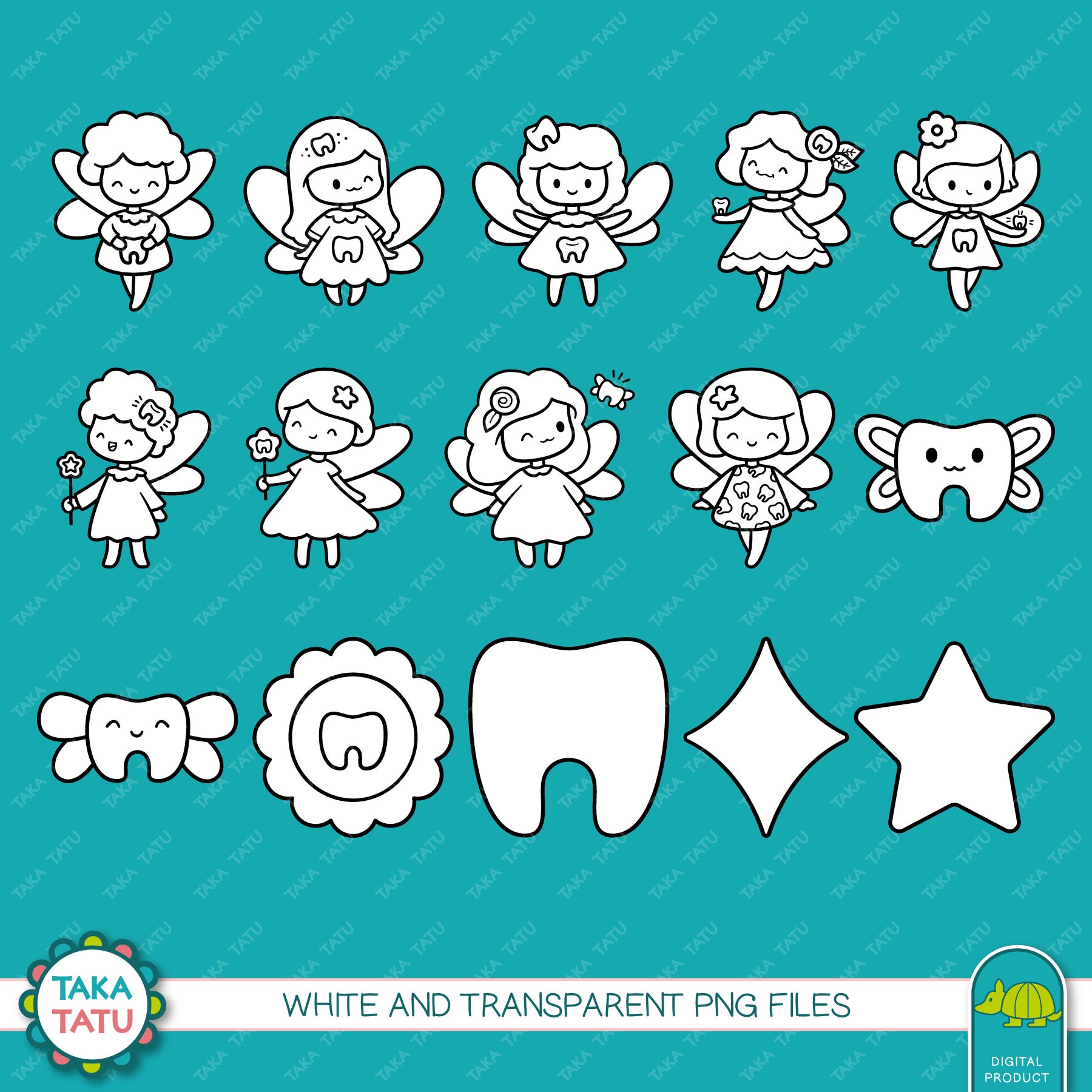 Tooth Fairy Black and White Clipart - Cute Tooth Fairy Doodle Line Art ...